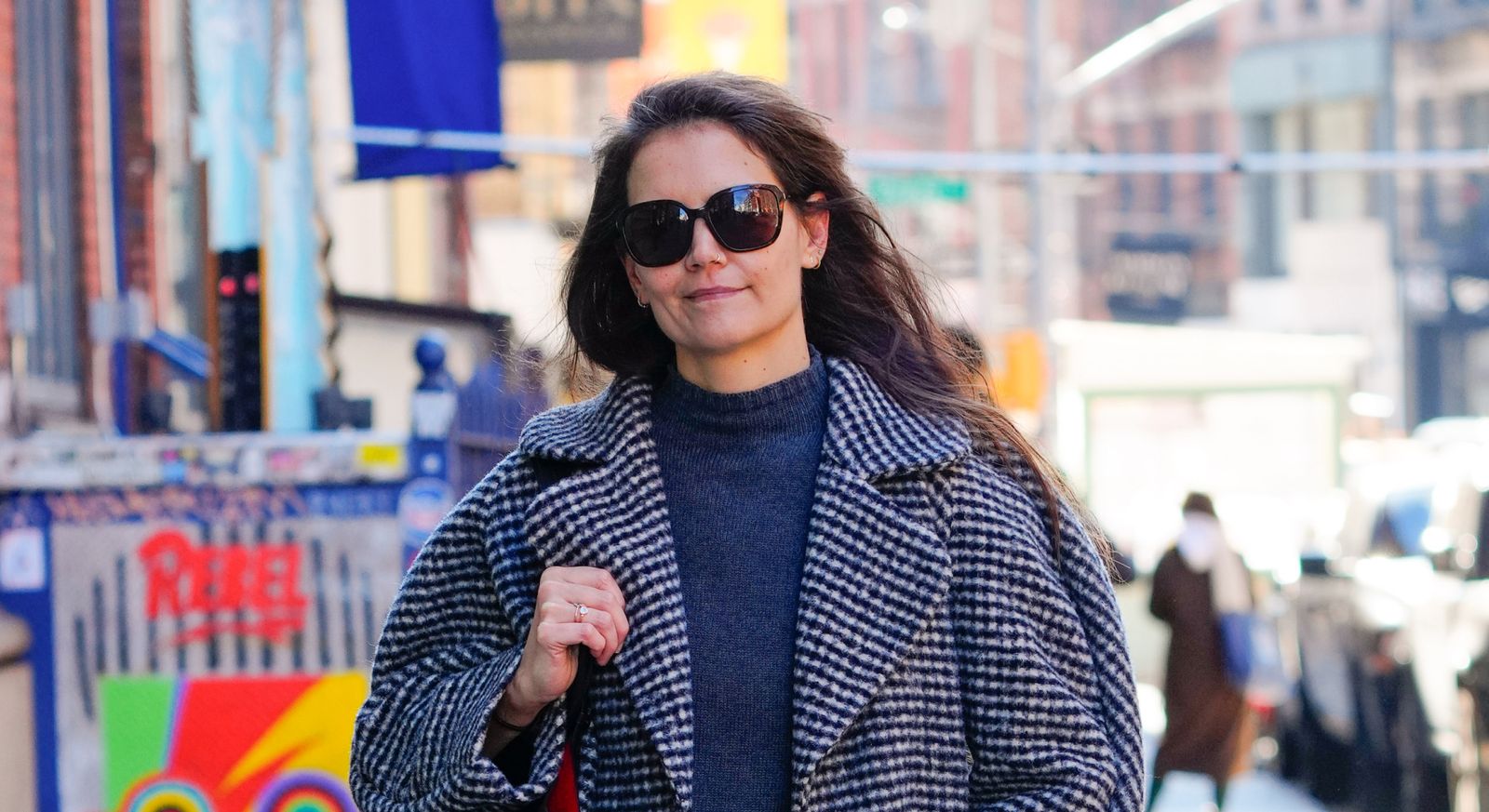Katie Holmes Updated Her Outfit Formula With A Plaid Coat And Gucci
