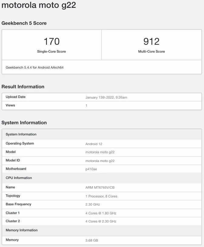 Moto G22 spotted on Geekbench listing - processor and RAM revealed ...