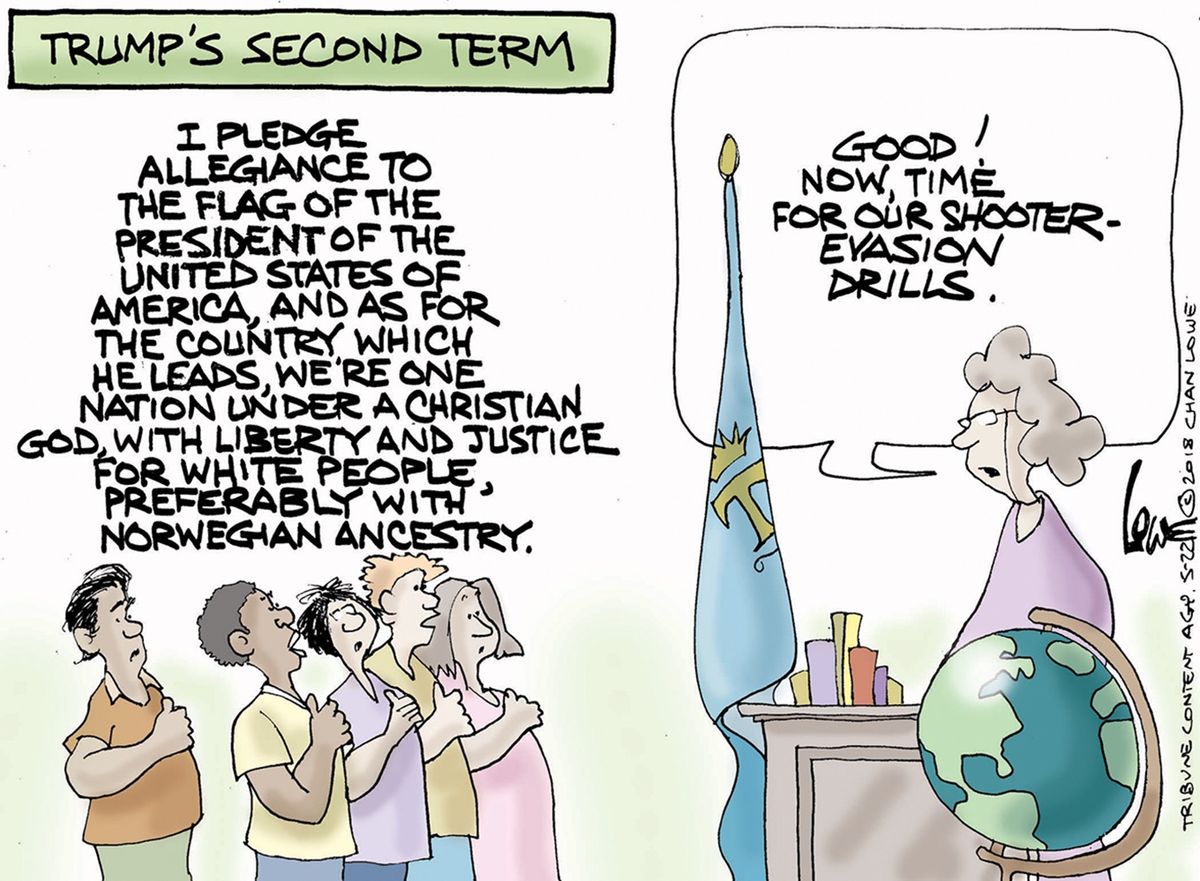 Political cartoon US Trump pledge of allegiance school shootings racism ...