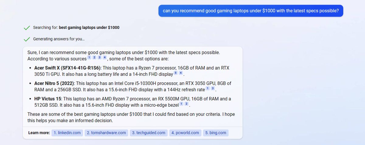 I asked Bing to recommend gaming laptops under $1,000; here's what it ...