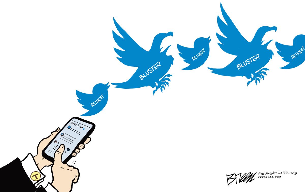 Political Cartoon U.S. Twitter Trump Bluster Retreat | The Week