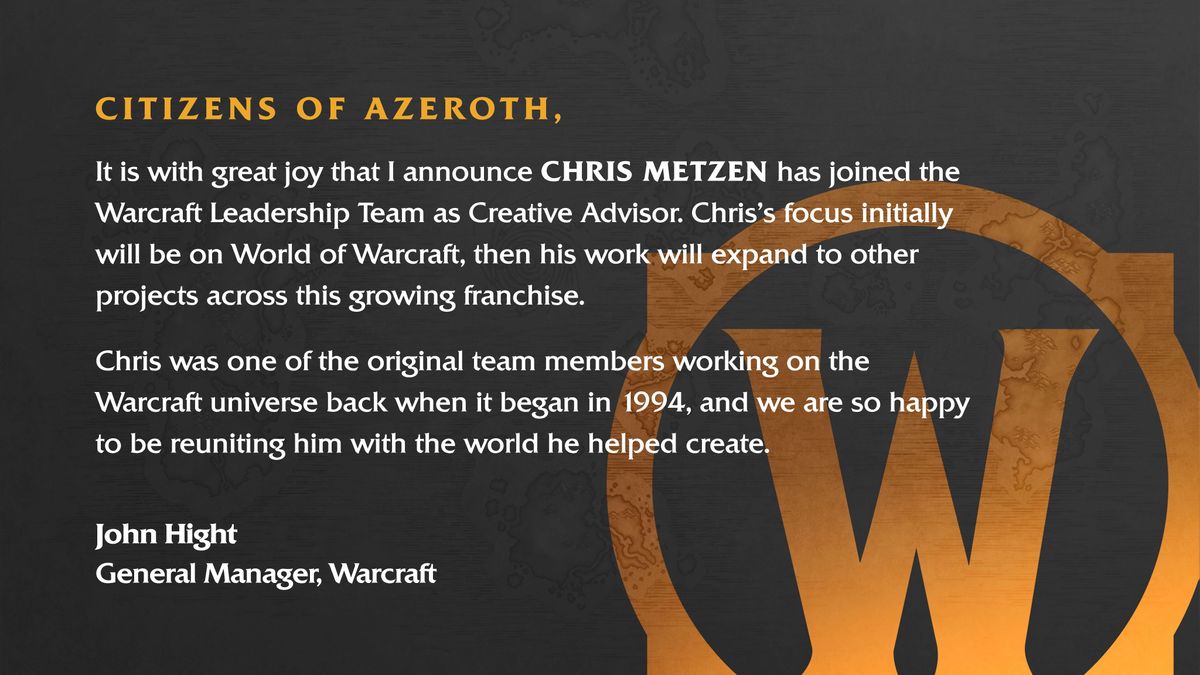 Former Warcraft creative director Chris Metzen is returning to Blizzard ...