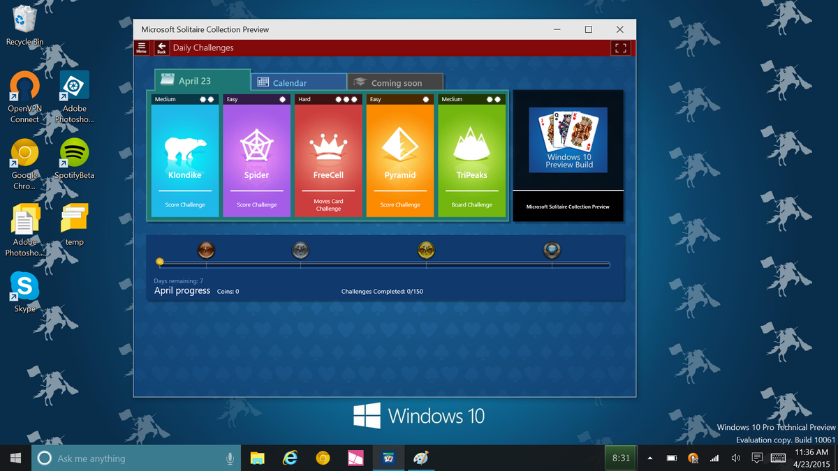 Here is the new Solitaire Collection found in Windows 10 10061 preview ...