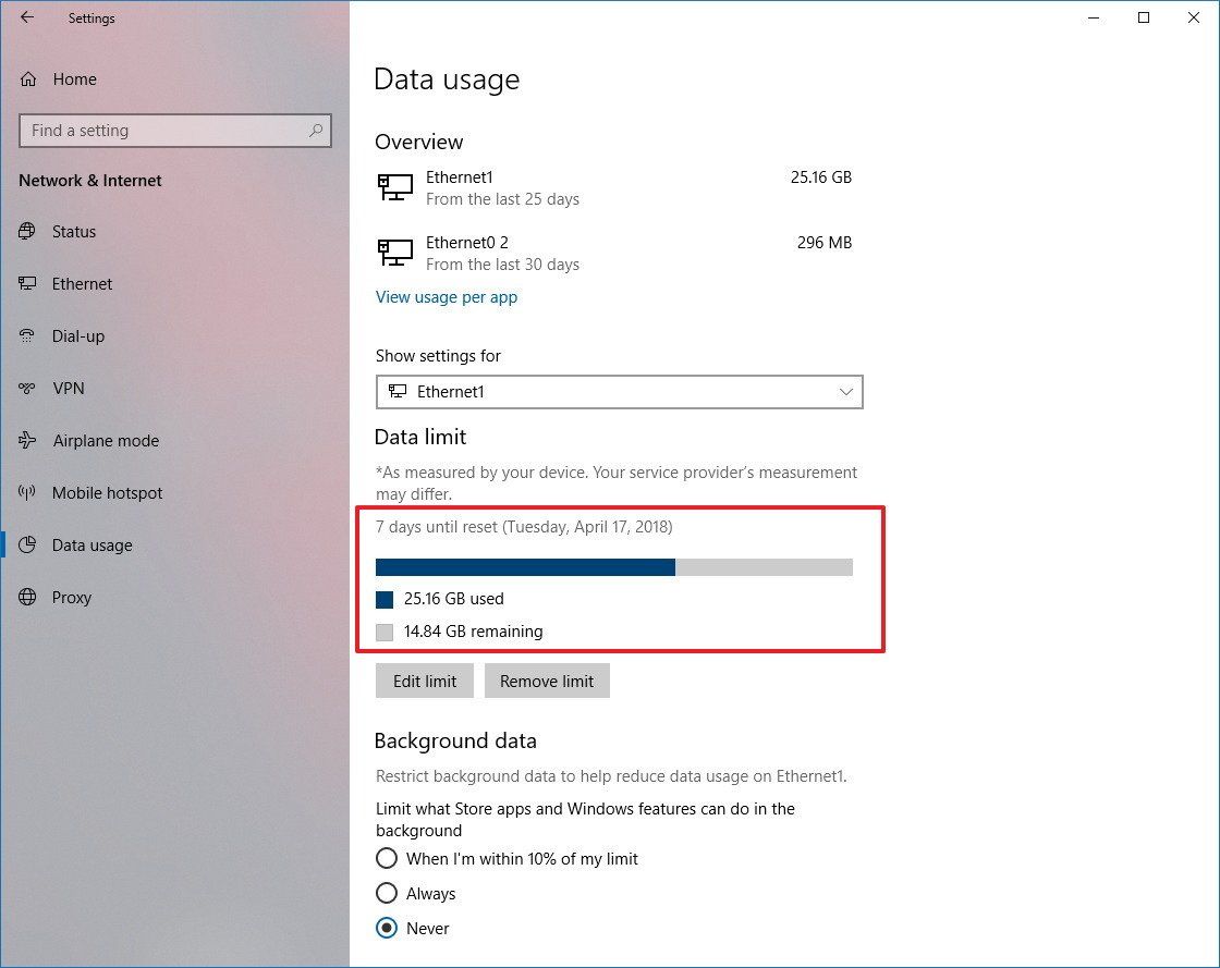 How to monitor and control data usage on Windows 10 April 2018 Update ...