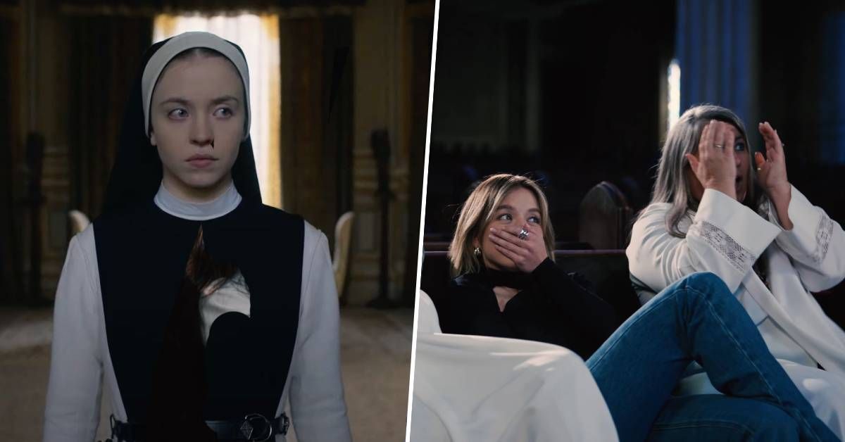 Sydney Sweeney watching her new nun-themed horror movie in a church ...