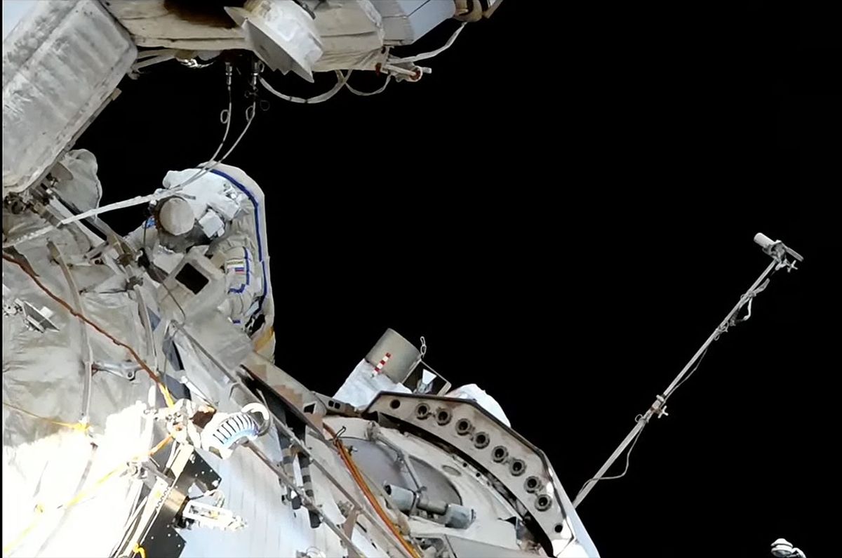 Russian cosmonauts toss old equipment overboard on ISS spacewalk | Space
