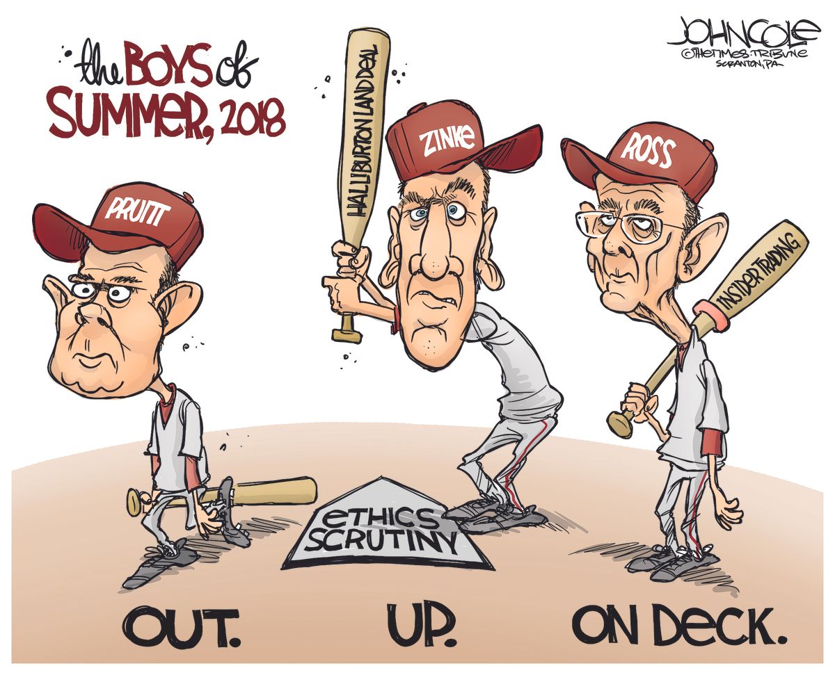 Political cartoon U.S. baseball Scott Pruitt Wilbur Ross Ryan Zinke EPA ...