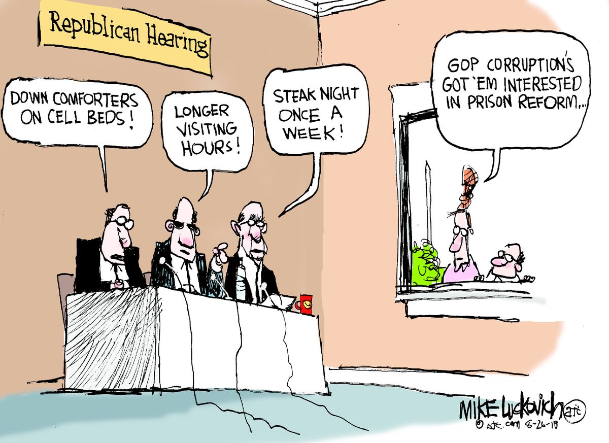 Political cartoon U.S. Trump Republican GOP scandals indictments ...