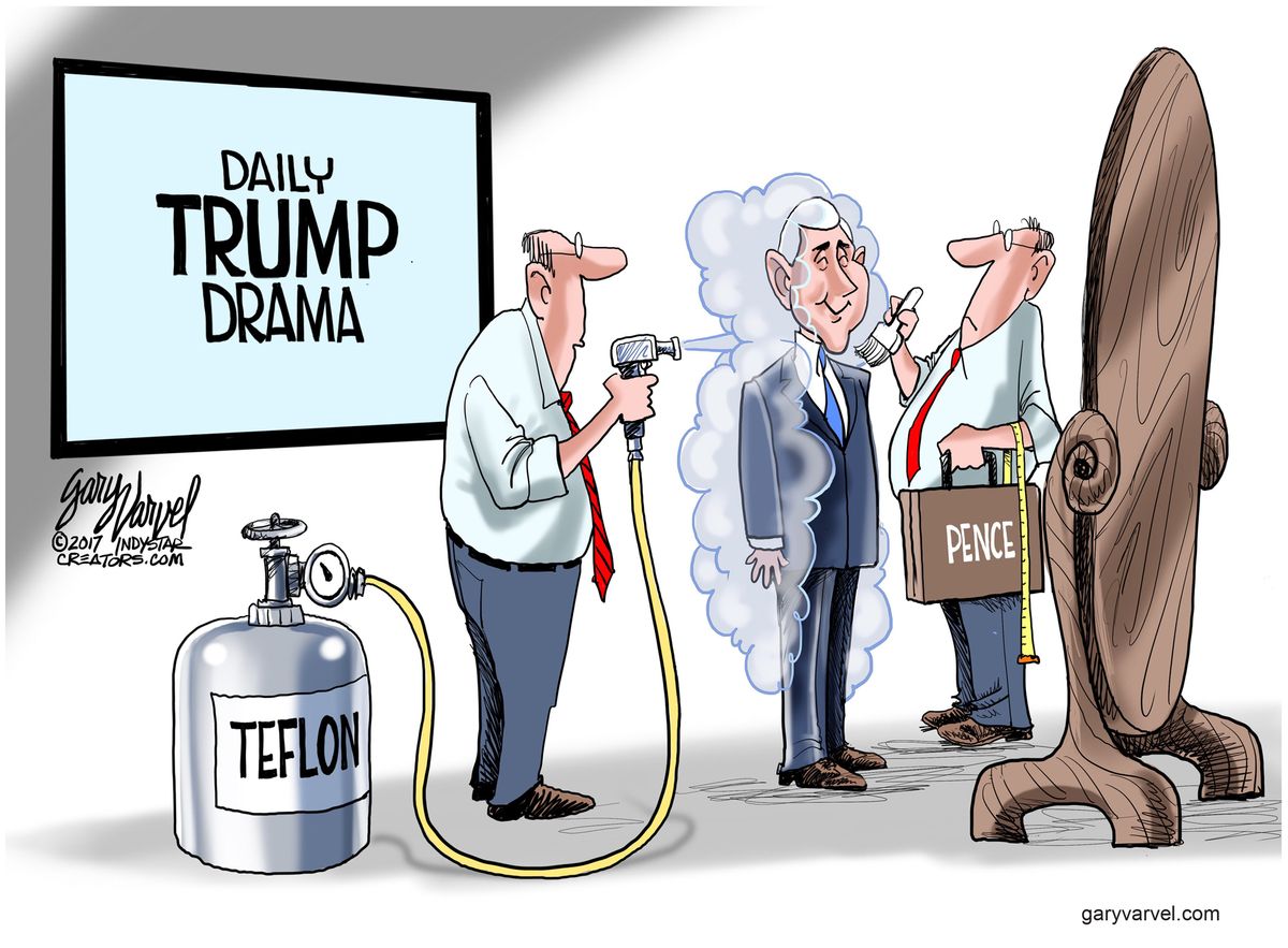 Political cartoon U.S. Pence teflon spray Trump tweets | The Week