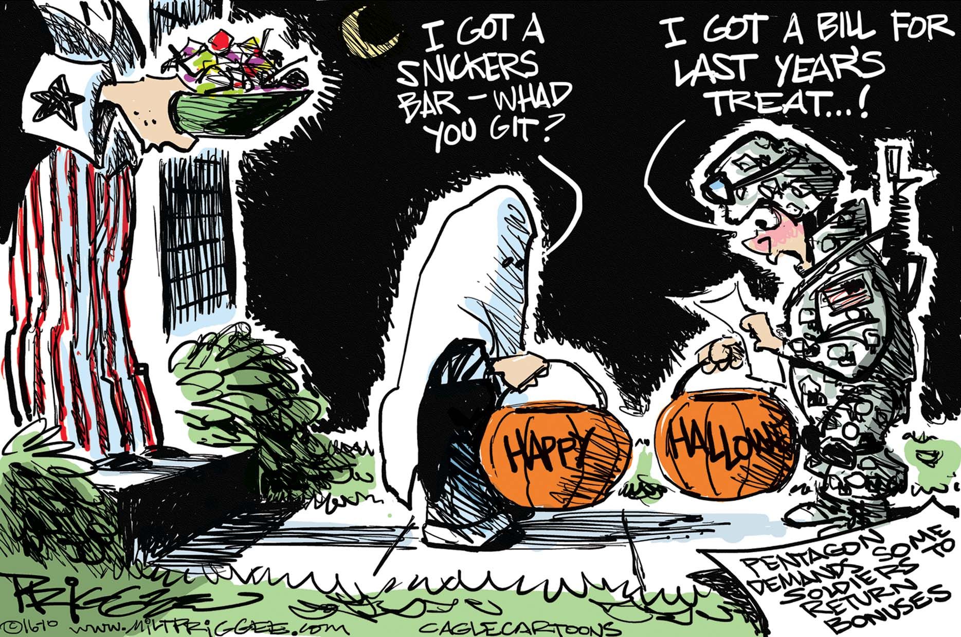 Editorial cartoon U.S. Pentagon veterans return bonuses | The Week
