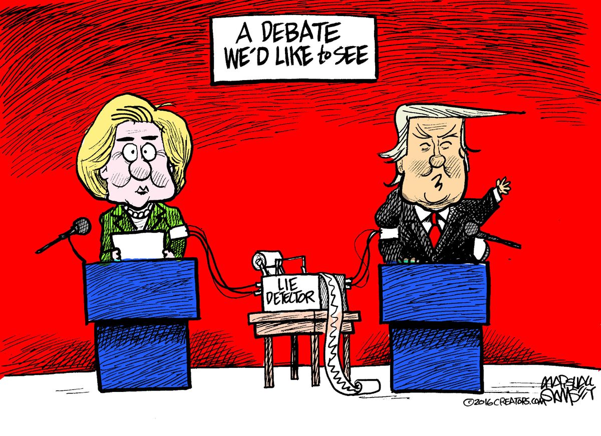 Political cartoon U.S. 2016 election presidential debate lie detector ...