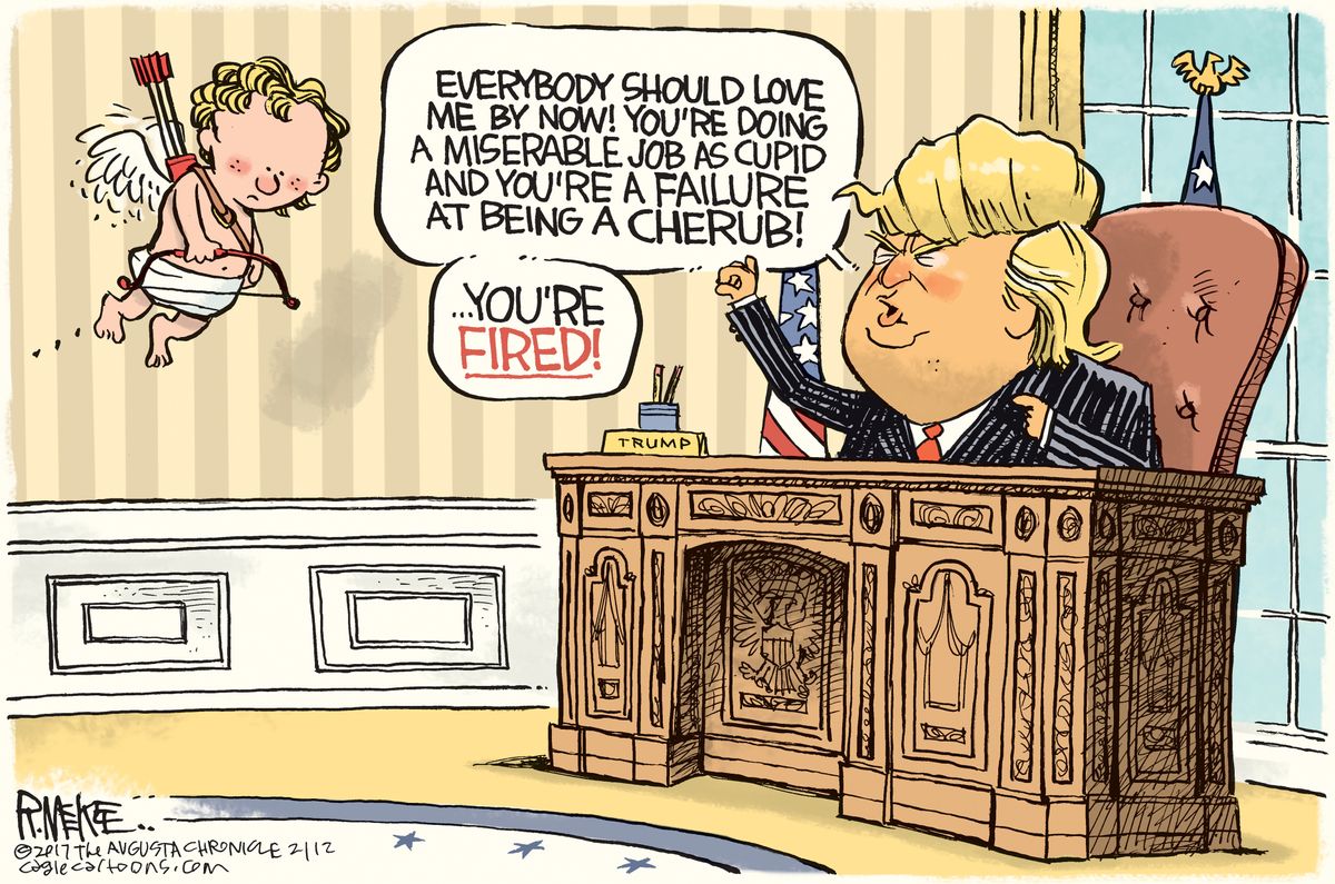 Political Cartoon U.S. President Trump Cupid You're Fired Approval ...