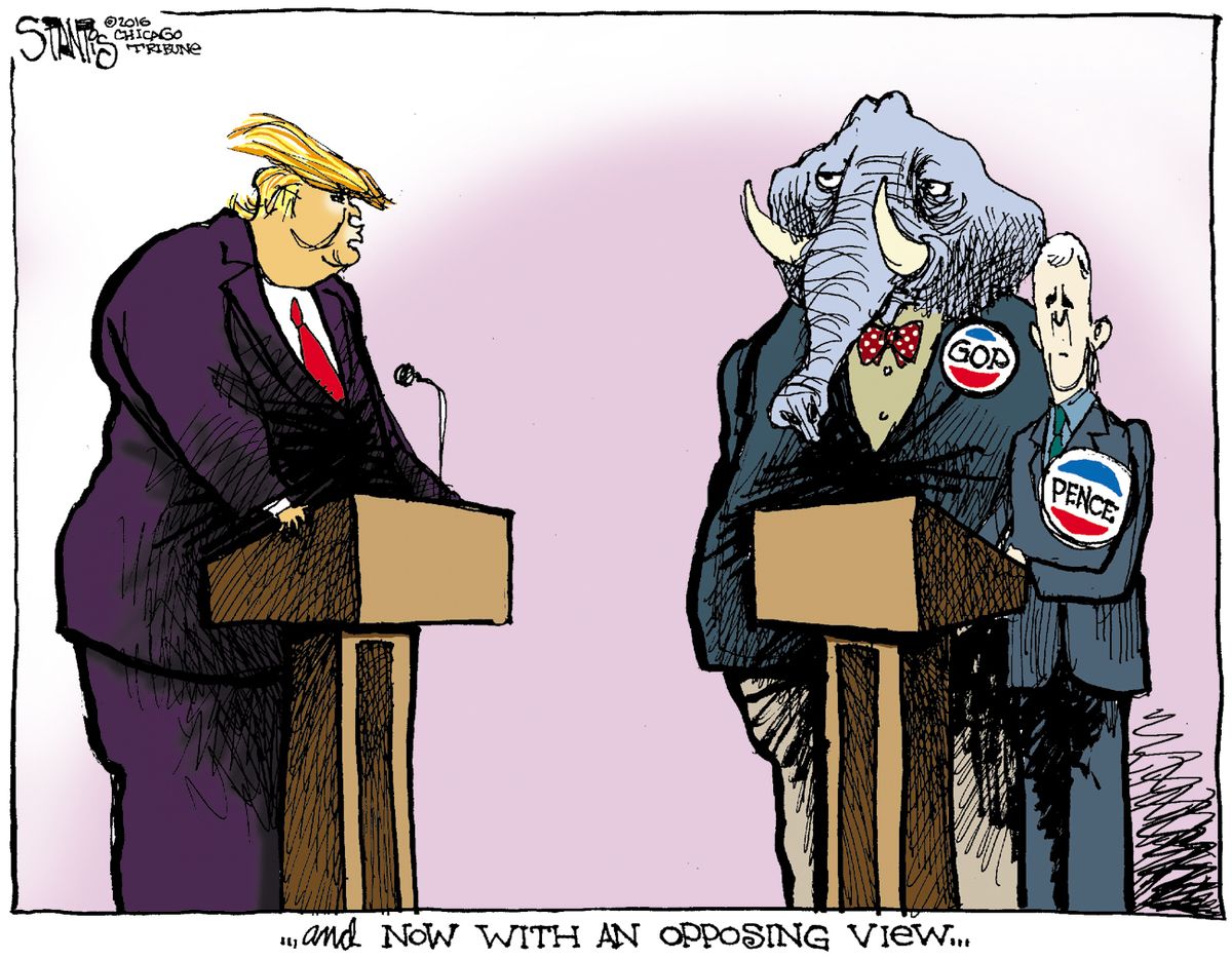 Political cartoon U.S. GOP debate opposing view Donald Trump Mike Pence ...