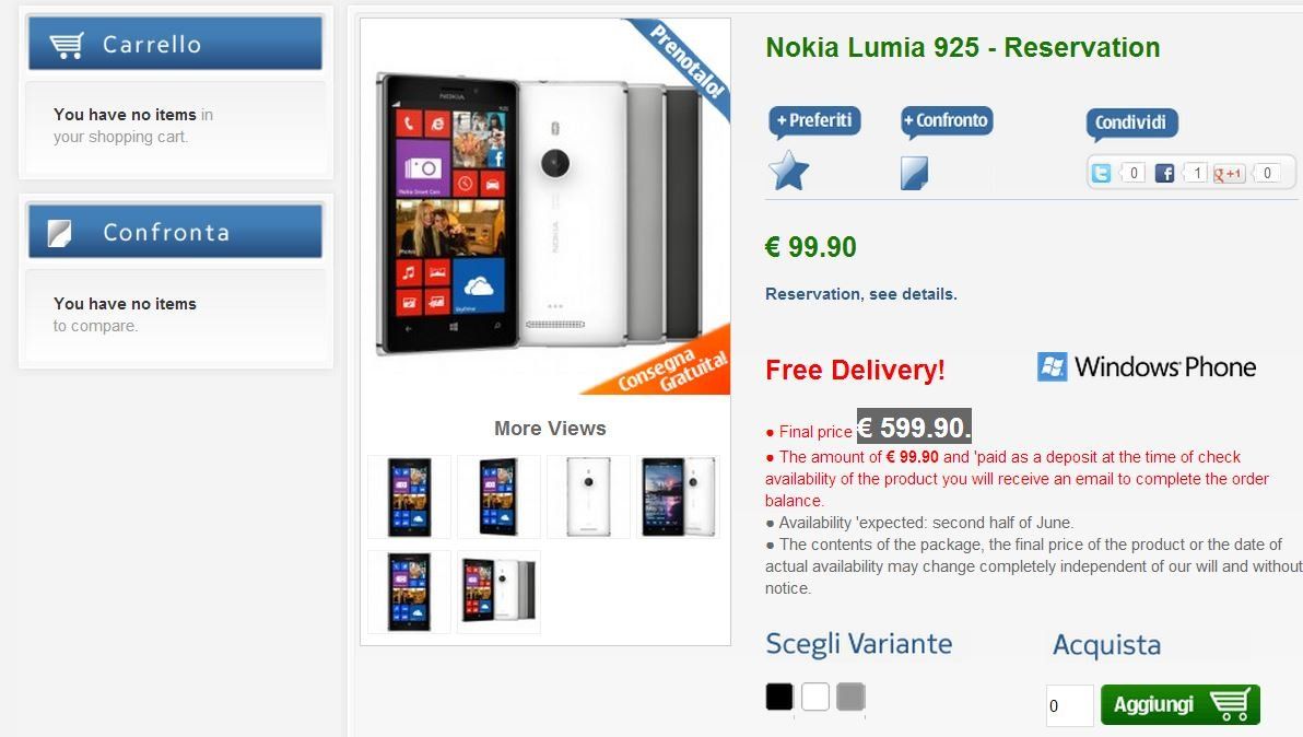 Nokia Italy lists Lumia 925 for preorder with €599.90 final price ...