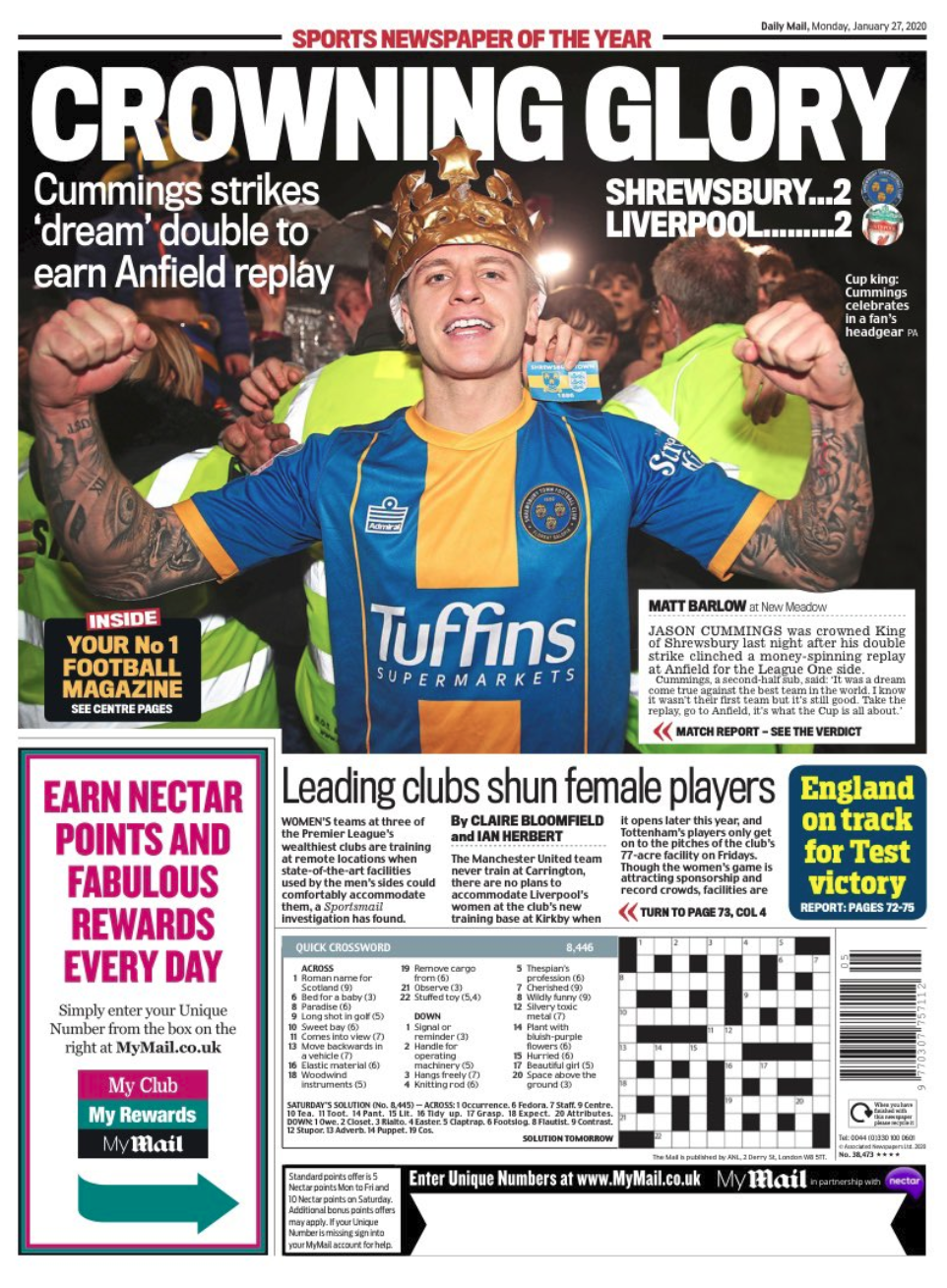 Today’s back pages: Shrewsbury and Cummings are FA Cup ‘kings for the ...