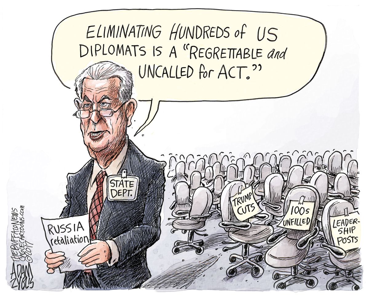 Political cartoon U.S. Rex Tillerson Russia sanctions Putin expels ...