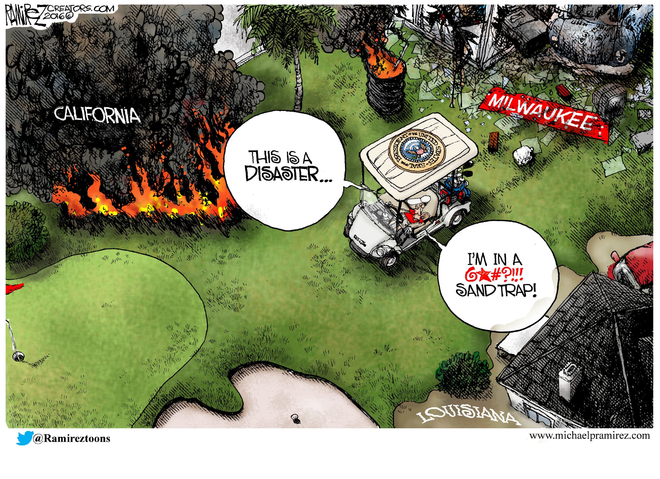 Editorial cartoon U.S. California fire Milwaukee Louisiana Barack Obama ...