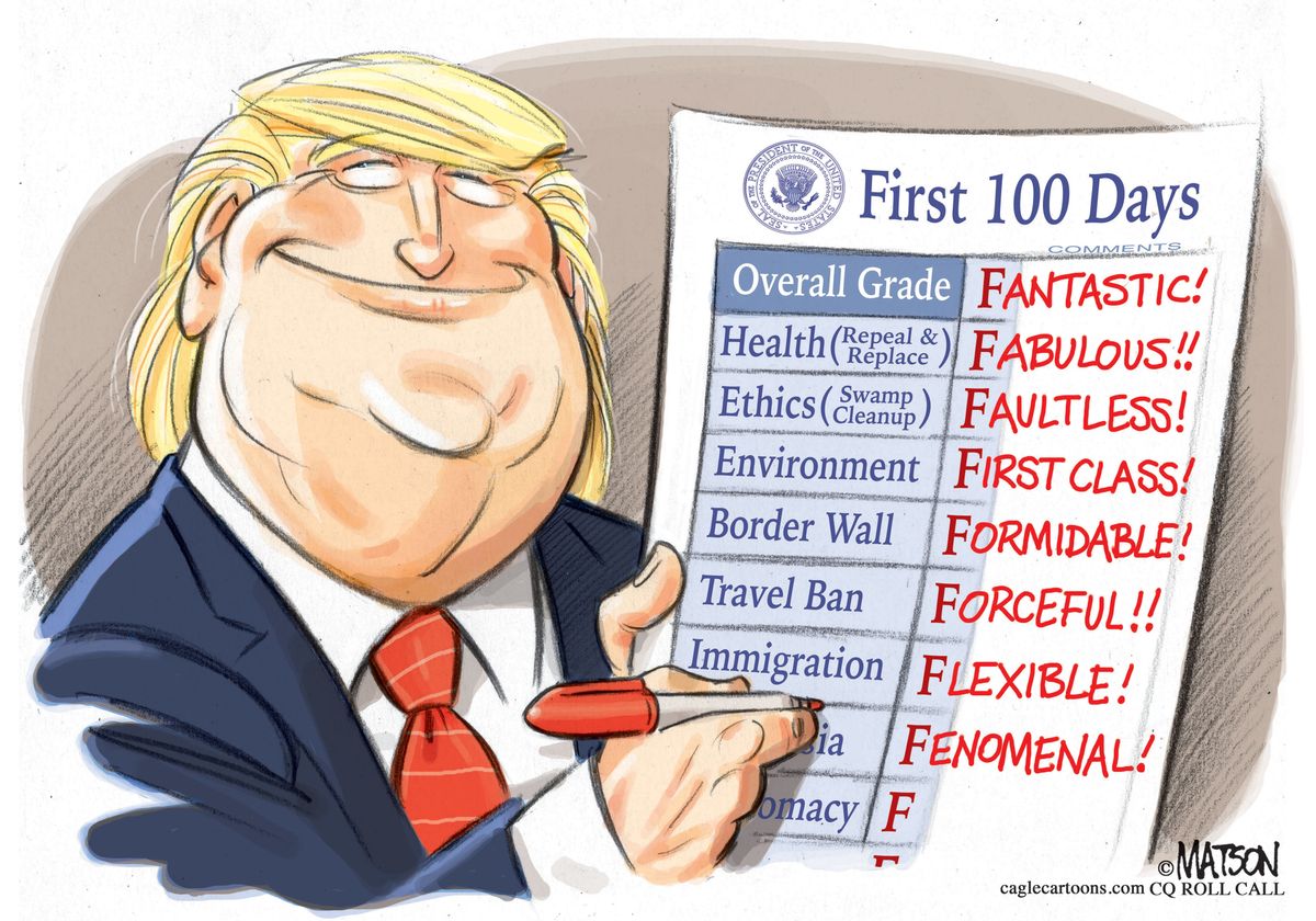 Political Cartoon U.S. Trump first hundred days report card progress ...