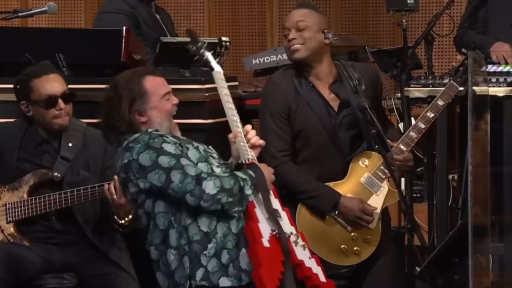 Jack Black mimes on a Minecraft’d Flying V on Jimmy Fallon | Guitar World