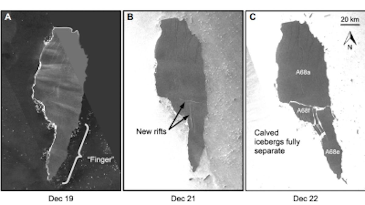 Massive Antarctic iceberg ripped in two by powerful ocean currents ...
