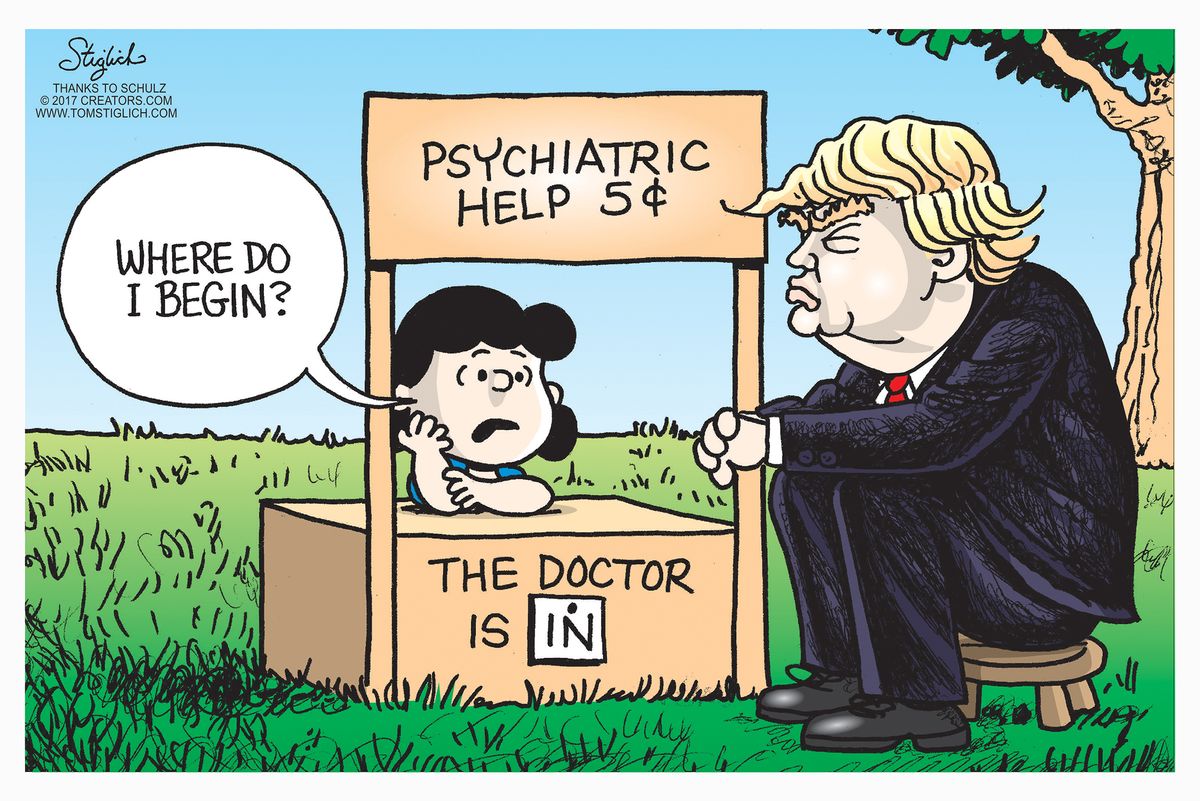 Political Cartoon U.S. President Trump Lucy Peanuts psychiatric help ...