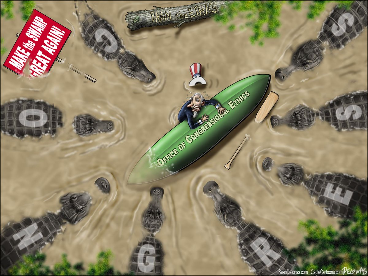 Political cartoon U.S. Office of Congressional Ethics drain the swamp ...