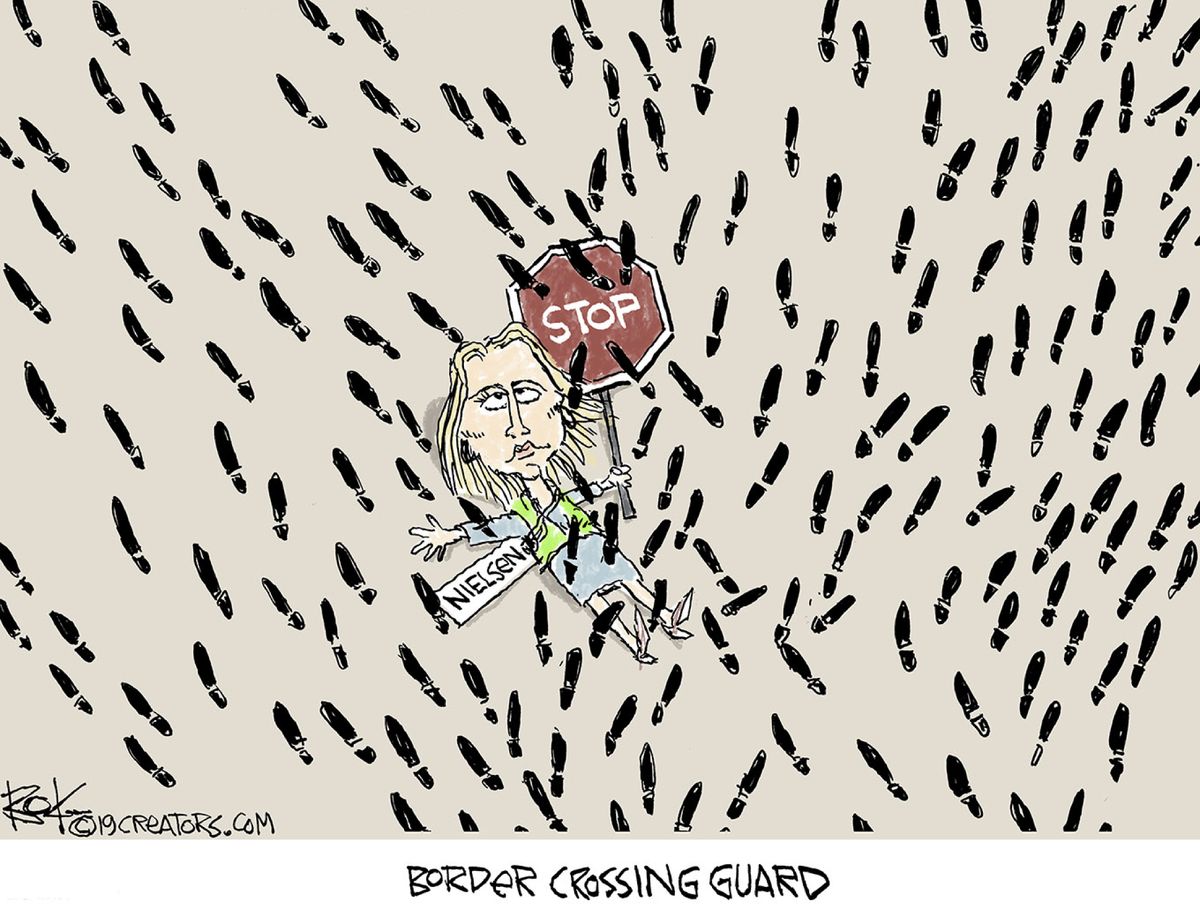 Political Cartoon U.S. Kirstjen Nielsen border crossing guard | The Week