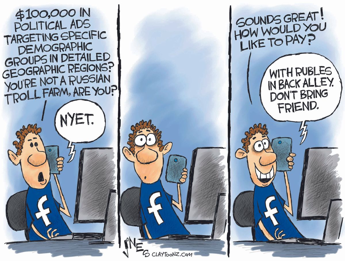 Political cartoon U.S. Russia 2016 election Facebook political ads ...