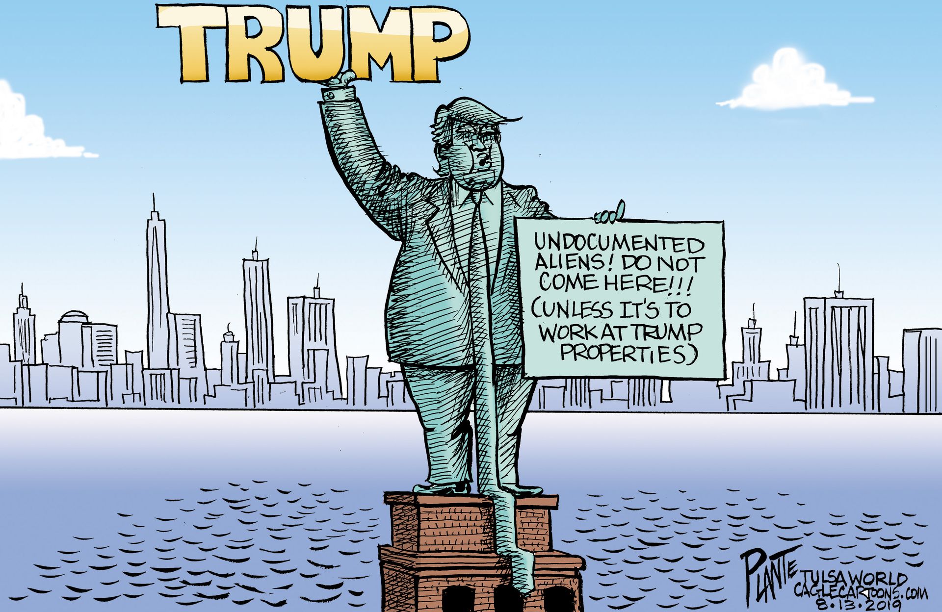 Political Cartoon Undocumented Immigrants Trump Properties Statue of ...