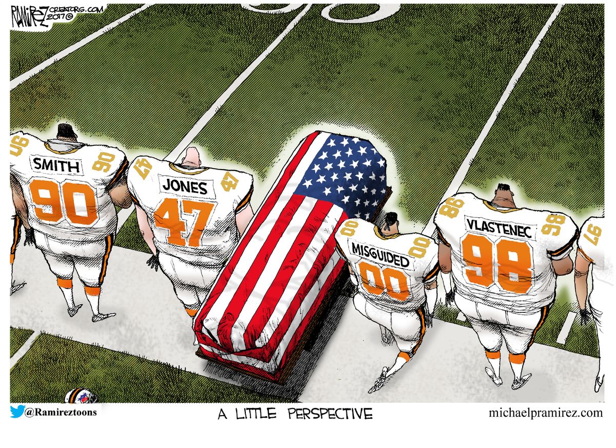 Political cartoon U.S. NFL kneeling veterans | The Week