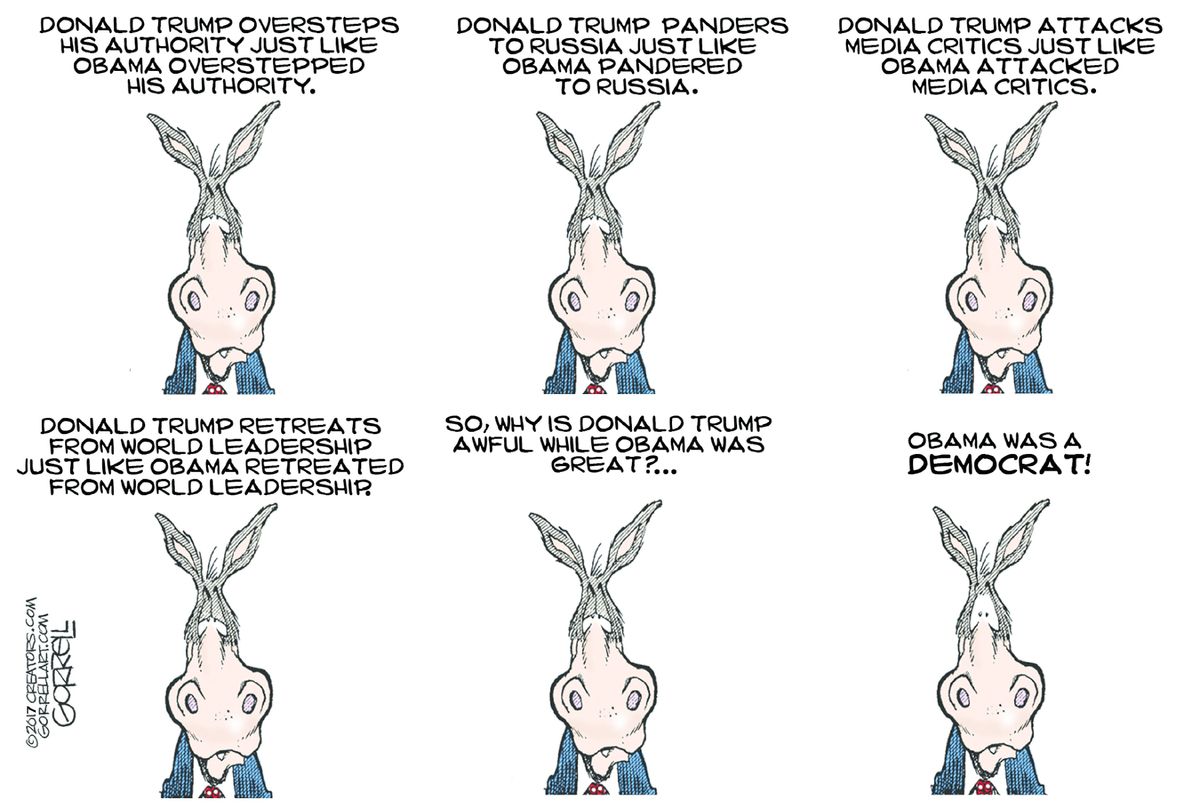 Political Cartoon U.S. Obama Trump comparison overstep authority | The Week