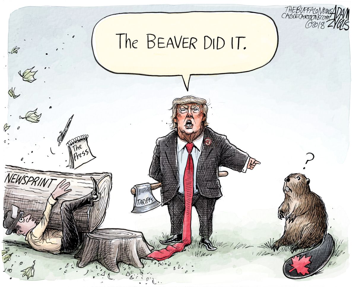 Political cartoon U.S. Canada Trump tariffs trade war newspapers ...