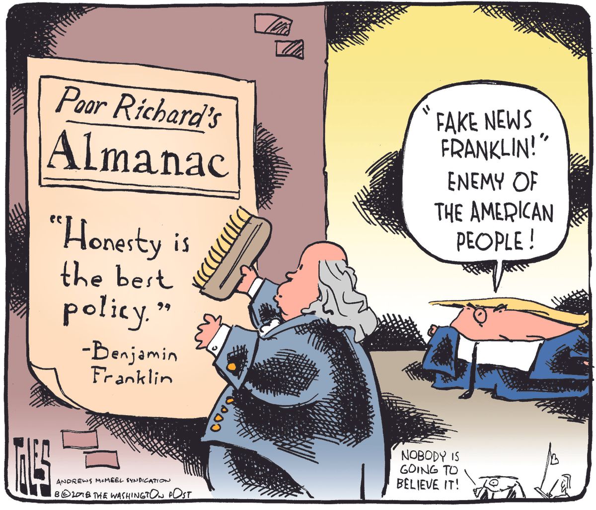 Political cartoon U.S. Benjamin Franklin honesty truth Trump fake news ...