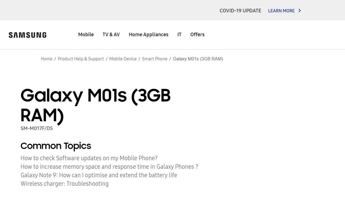 Samsung Galaxy M01s specs spotted on the support page | TechRadar