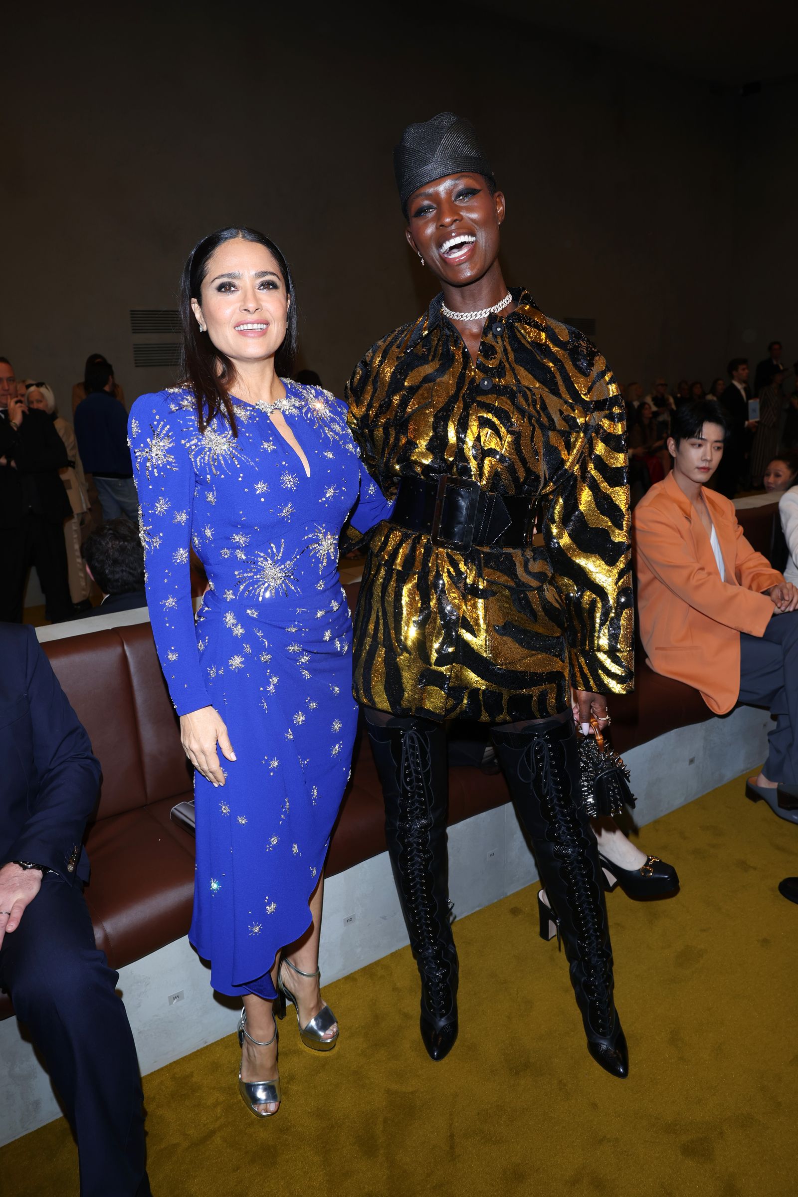 Salma Hayek bringing back shoulder pads with a bedazzled cut-out dress ...