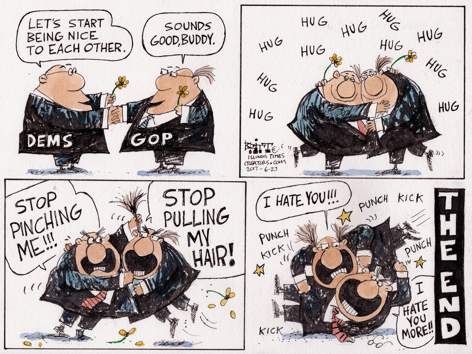 Political cartoon U.S. GOP Democrats hug fighting | The Week
