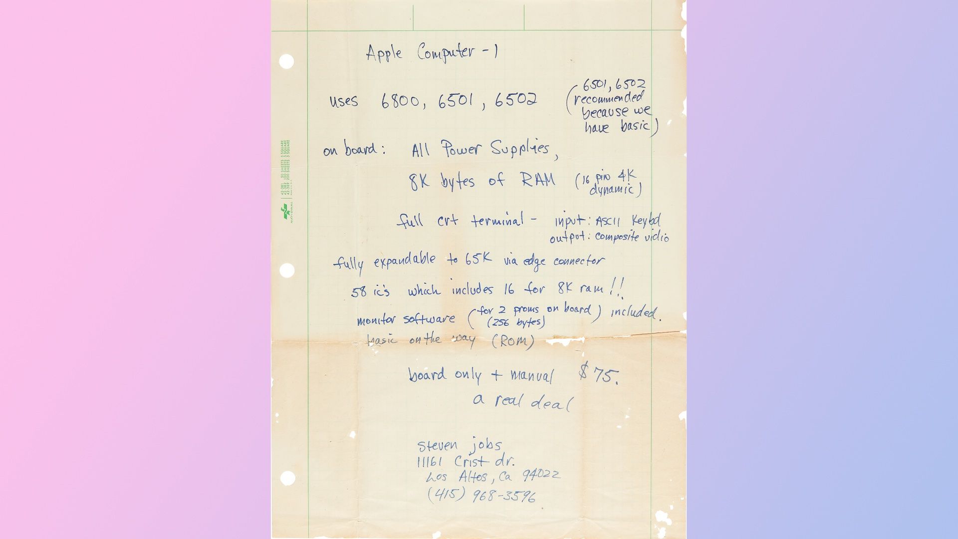 Steve Jobs handwrote this Apple-1 ad then someone sold it for $175,000 ...