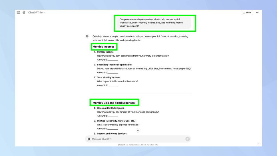How to build a budget using ChatGPT | Tom's Guide