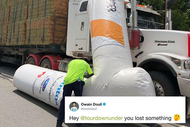Watch: Truck laden with hay takes down Tour Down Under finish-line ...