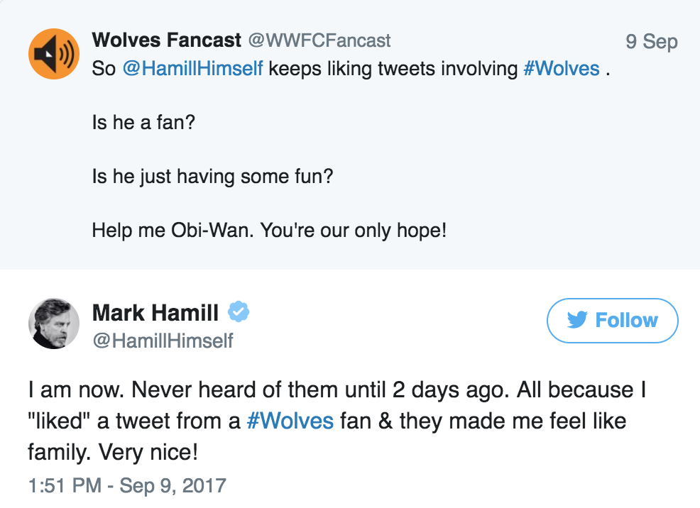 Luke Skywalker actor Mark Hamill has accidentally become a Wolves fan ...