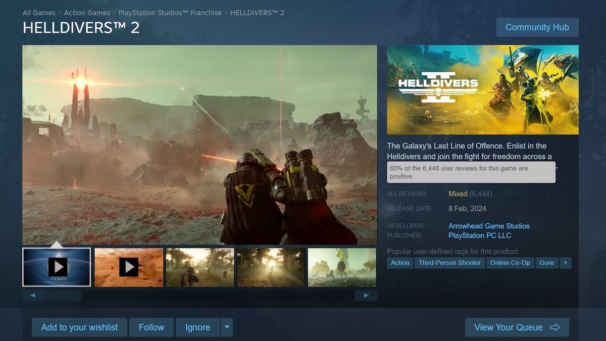Helldivers 2 might be top of the Steam sales charts right now, but it's ...