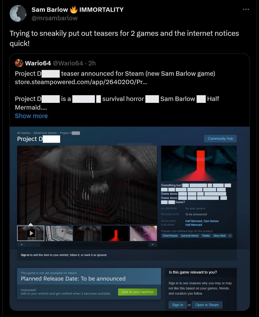 Immortality developer Sam Barlow teases 2 new projects on Steam, and ...