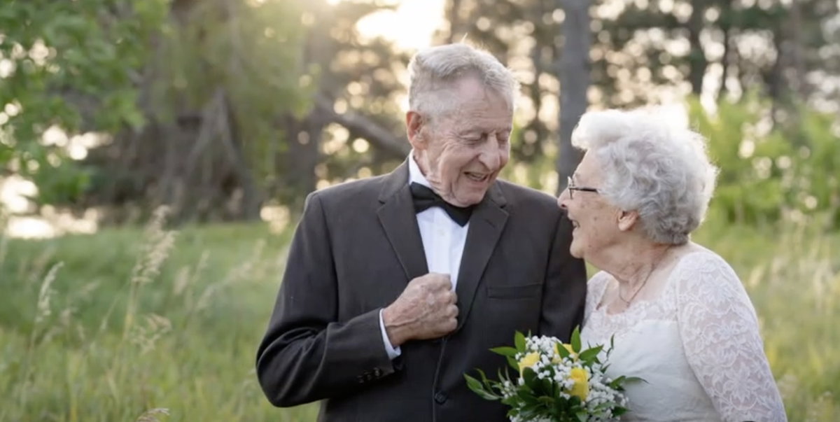 Couple poses for 60th anniversary photos wearing their original wedding ...