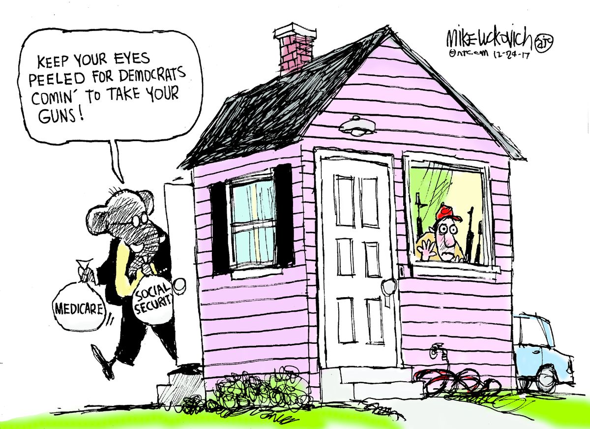 Political cartoon U.S. GOP tax cuts medicare social security Trump ...