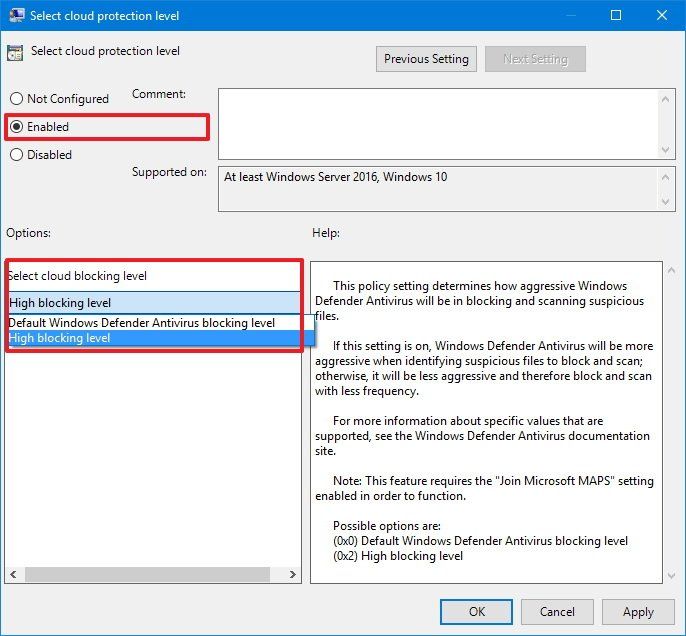 How to change Windows Defender Antivirus cloud-protection level on ...
