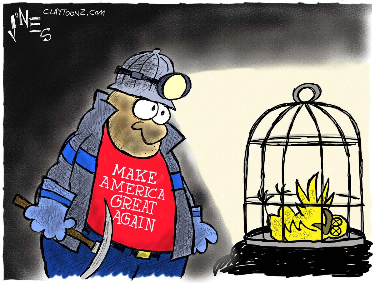 Political Cartoon U.S. President Trump supporter Coal Miner Canary ...