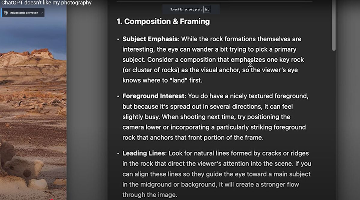 Chat GPT "doesn't like" landscape photographer's photography after he ...