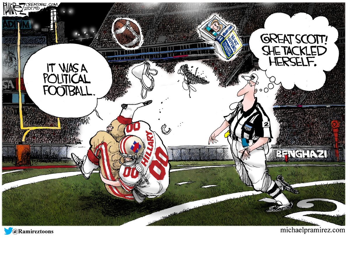 Political cartoon U.S. Clinton book football | The Week