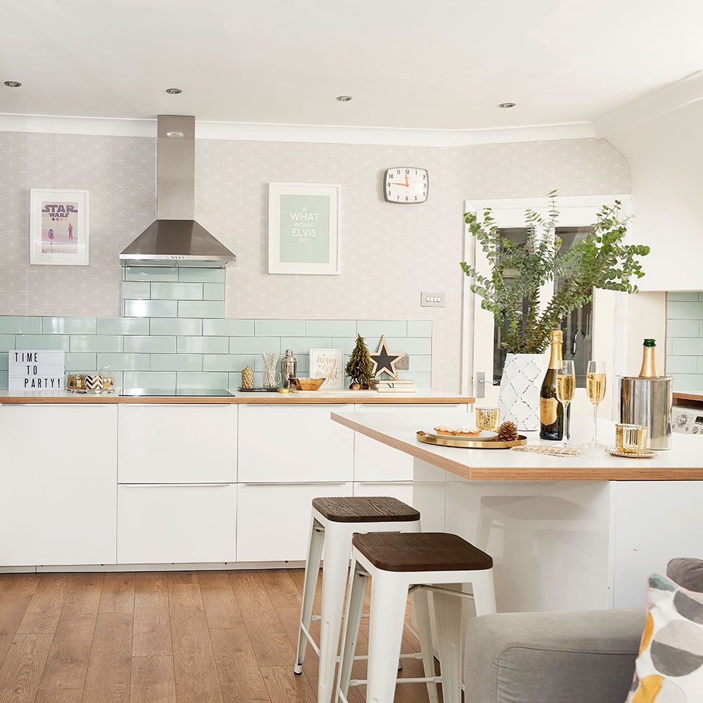 Open-plan kitchen with white gloss units and Scandi geometric wallpaper ...