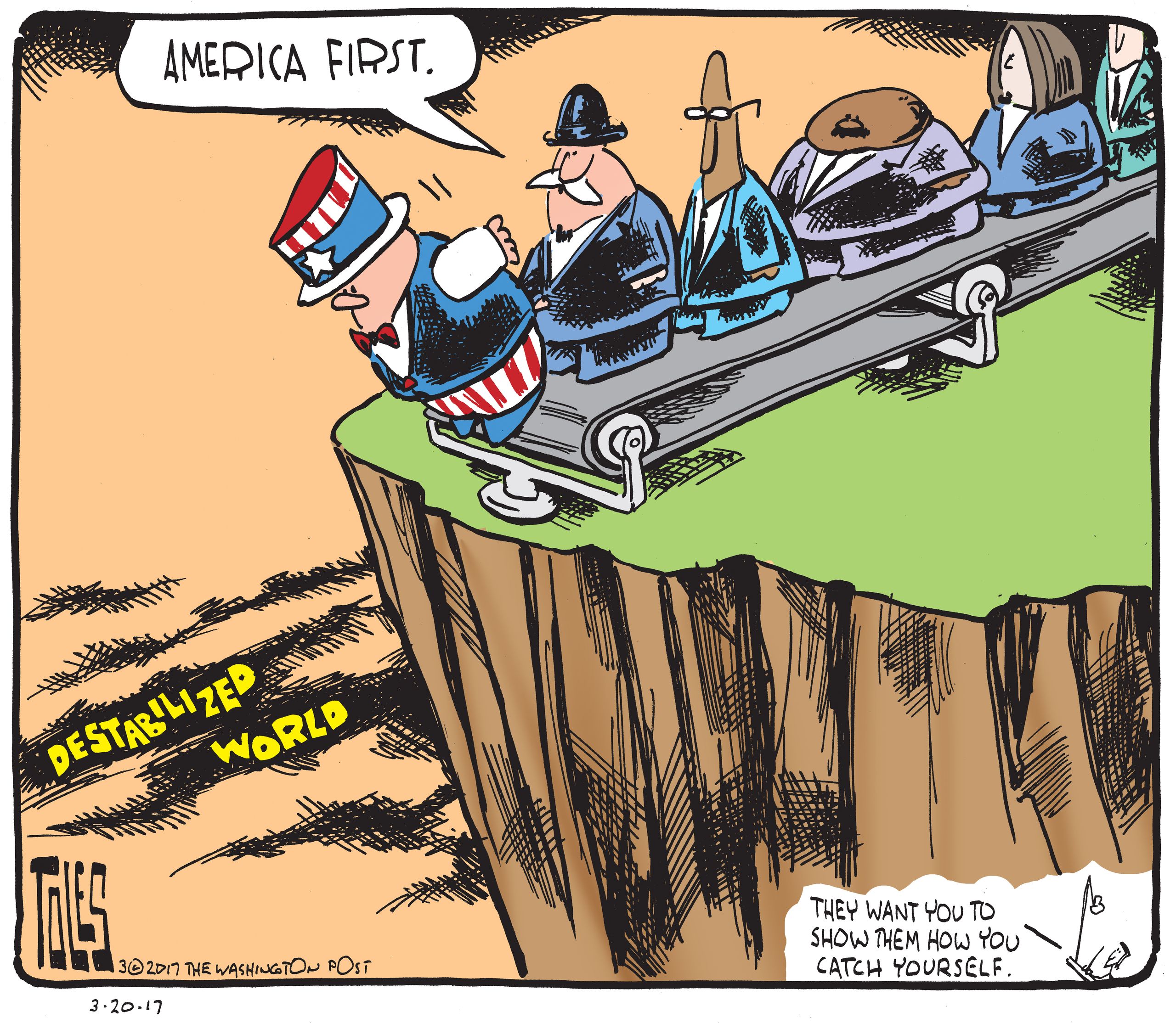 Political Cartoon U.S. America first destabilized world falling apart ...